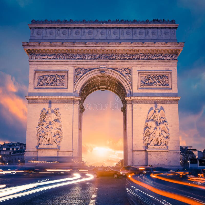 View of Famous Arc De Triomphe at Sunset Stock Image - Image of street ...