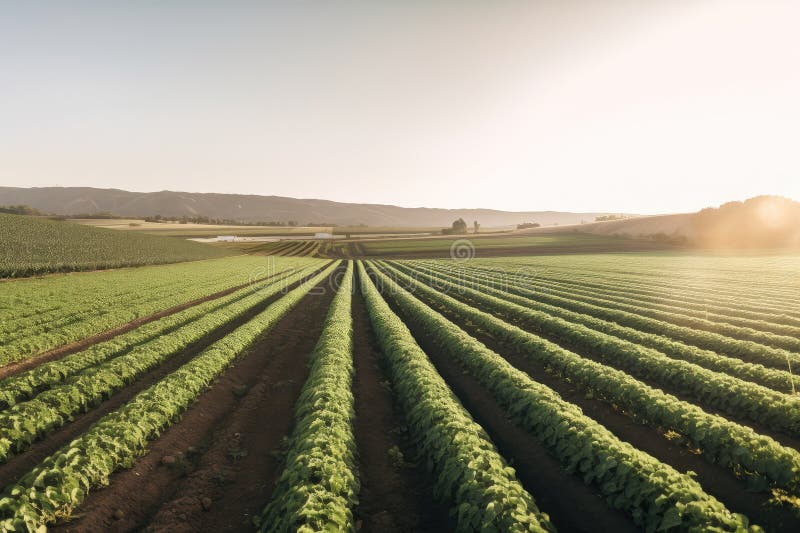 A View of a Farm, with Rows of Crops Growing in the Fields Stock ...