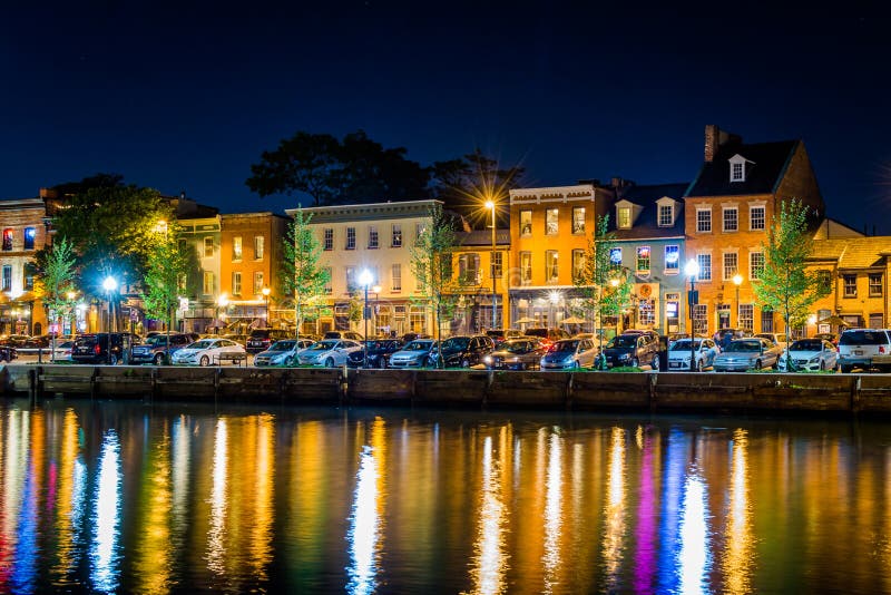 View of the Fells Point Waterfront at Night, in Baltimore, Maryland ...