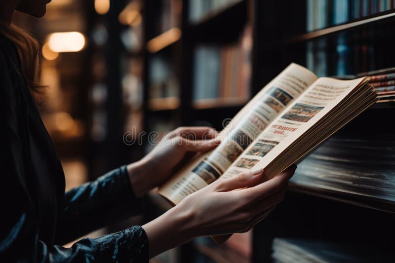 View of Female Hands Reading a Magazine in a Library, Close Up View ...