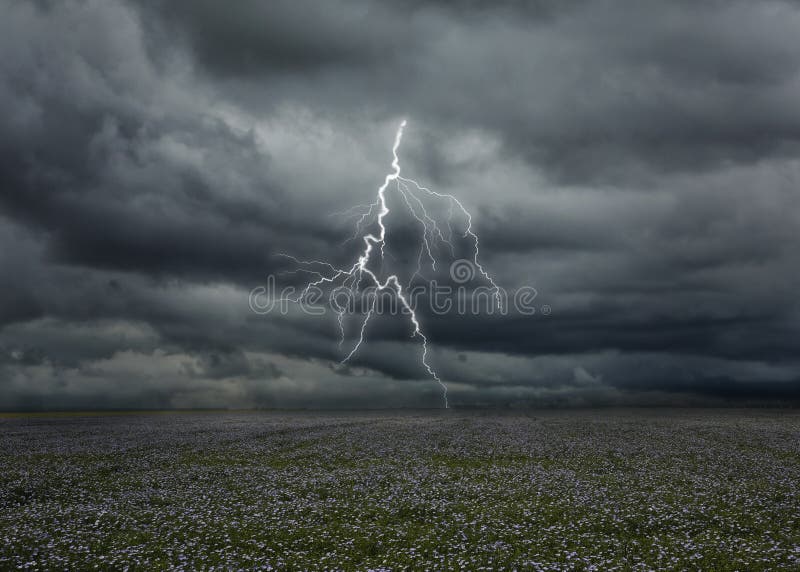 View of Field and Cloudy Sky with Lightning. Thunderstorm Stock Photo ...