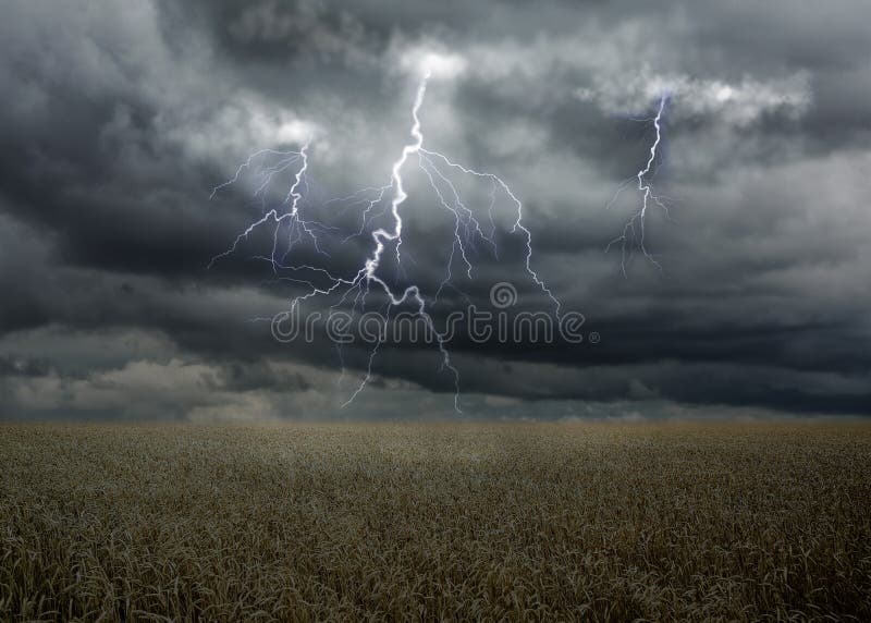 View of Field and Cloudy Sky with Lightning. Thunderstorm Stock Image ...