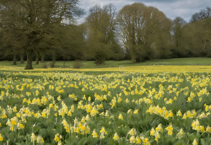 A View of a Field of Cowslips Stock Illustration - Illustration of popp ...