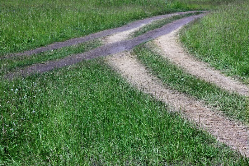 Dirt Road in a Wide Field with Green Grass Against a Blue Sky with ...