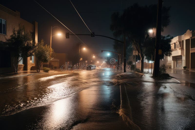 View of Flash Flood Rushing Down the Middle of a Deserted Street in the ...