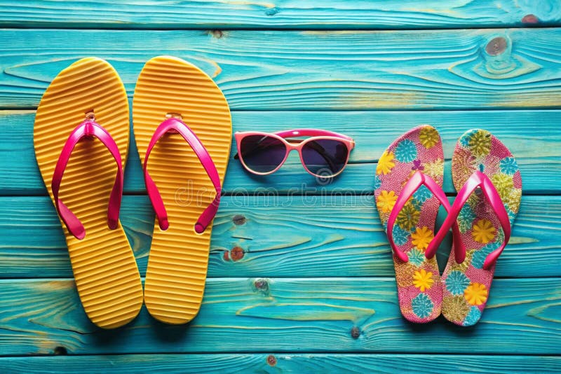 View of Flip Flops with Summer Essentials and Sunglasses Stock ...