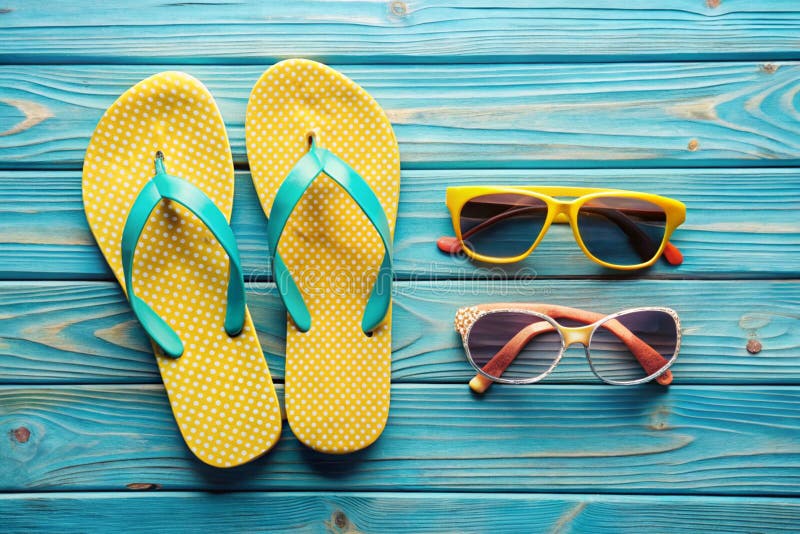 View of Flip Flops with Summer Essentials and Sunglasses Stock ...