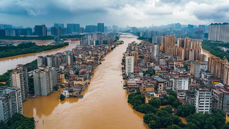 A View of a Flooded City with Tall Buildings in the Background Stock ...