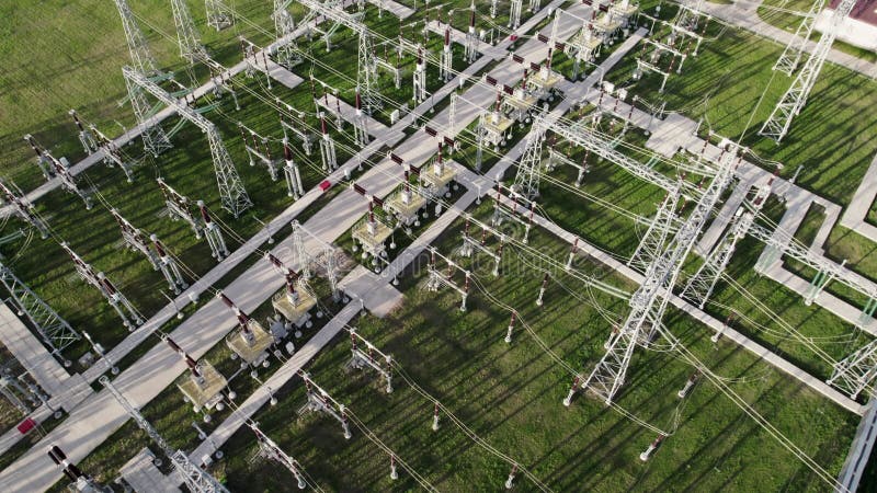 View from Flying Drone. High-voltage Substation with Switch, Connectors ...