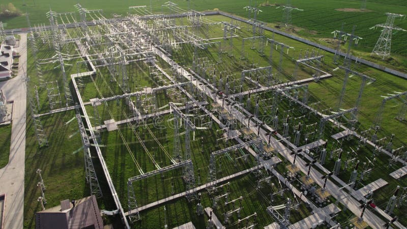 View from Flying Drone. High-voltage Substation with Switch, Connectors ...
