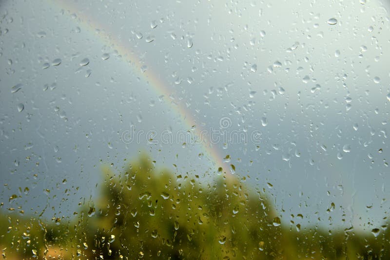 View of Forest and Rainbow through Window Stock Image - Image of ...