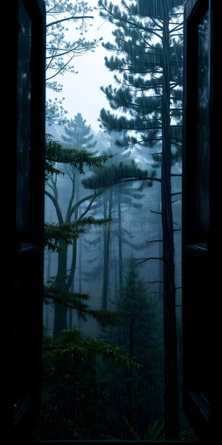 View of a Forest Under Heavy Rainfall through Open Window Frames ...