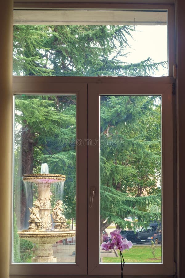 View of the Fountain through the Window Stock Image - Image of ...