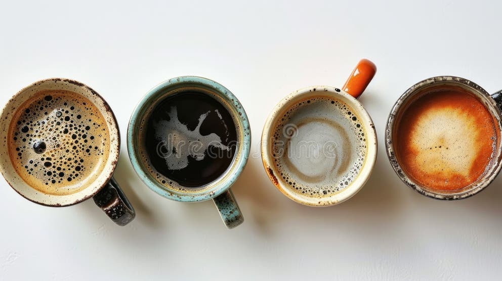 View of Four Different Cups of Coffee, Each with a Unique Pattern or ...