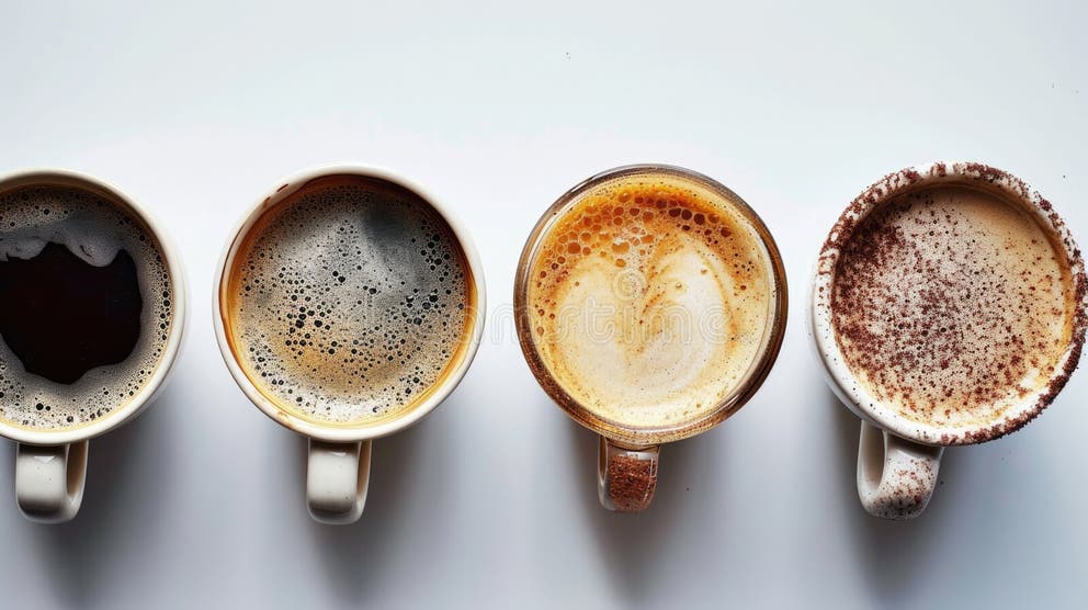 View of Four Different Cups of Coffee, Each with a Unique Pattern or ...