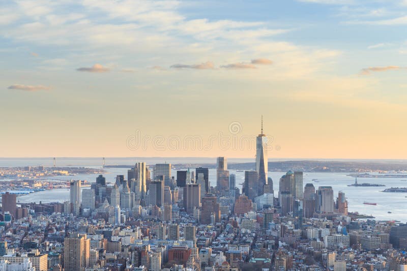 View of the Freedom Tower and Downtown Manhattan Skyline Stock Photo ...