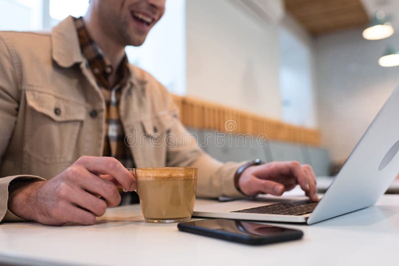 View of Freelancer with Cup of Coffee Typing on Laptop Keyboard Stock ...