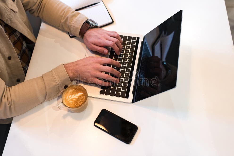 View of Freelancer with Cup of Coffee Typing on Laptop Keyboard Stock ...