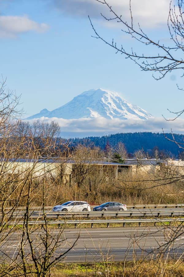 Freeway and Peak 4 stock image. Image of mountain, rainier - 208833407