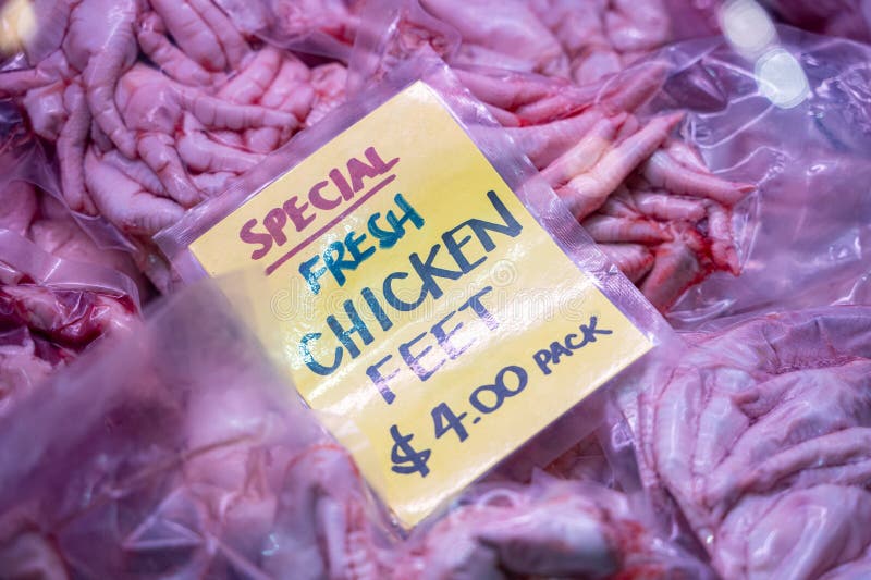 View of Fresh Chicken Feet Packages in Butcher Shop Stock Image - Image ...