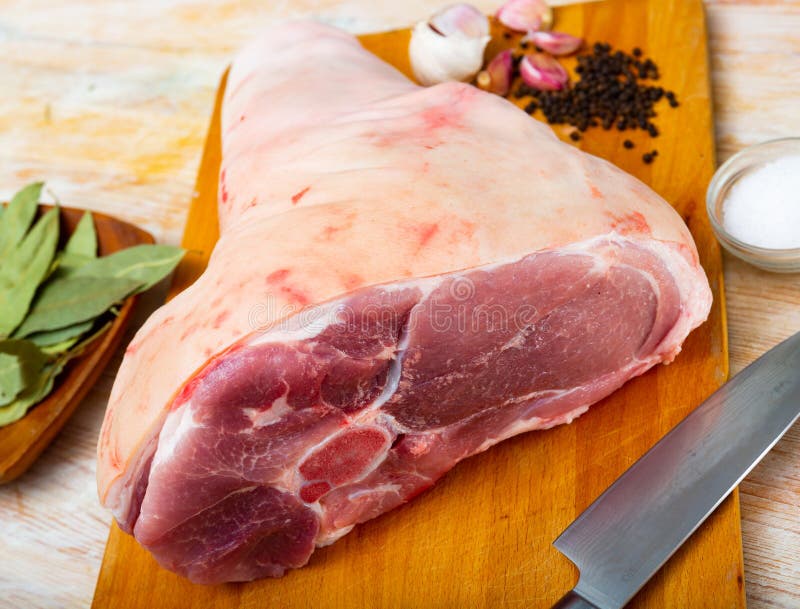 View of a fresh pork ham stock photo. Image of closeup - 255844180
