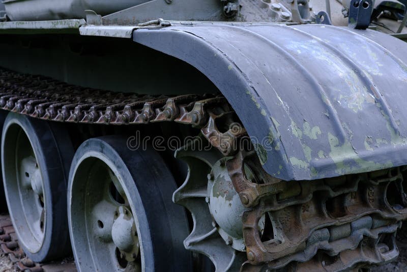 View of the Front Part of the Green Caterpillar of the Tank Standing on ...