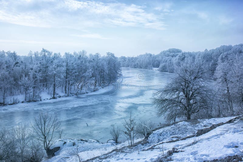 View of the frozen river stock photo. Image of leaf - 127628070