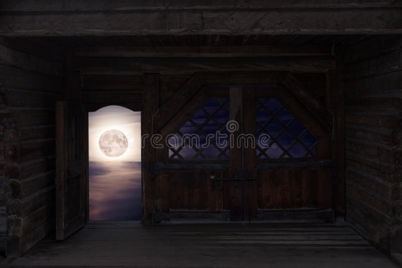View of the Full Moon through an Open Door in the Gate Stock Photo ...