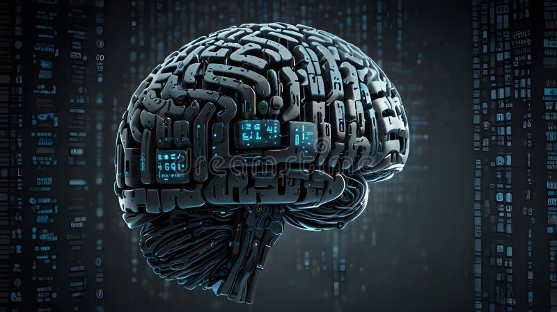 Futuristic AI Brain Surrounded by Binary Code and Digital Patterns Stock Illustration ...