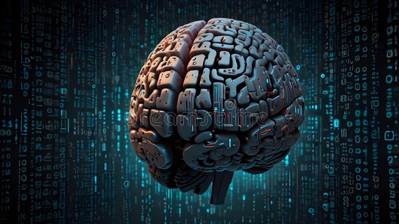 Futuristic AI Brain Surrounded by Binary Code and Digital Patterns Stock Illustration ...