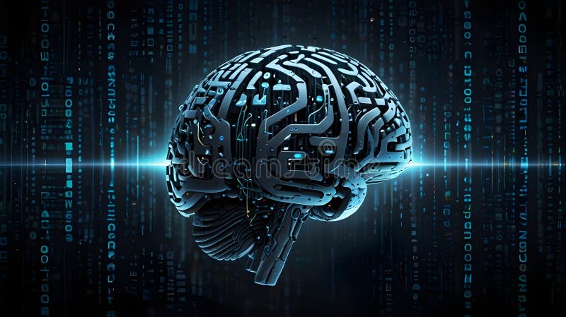 Futuristic AI Brain Surrounded by Binary Code and Digital Patterns Stock Illustration ...
