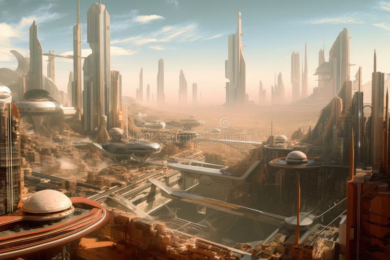 View of Futuristic City on Mars, with Towering Buildings and Bustling ... View of Futuristic City on Mars, with Towering Buildings and Bustling ...