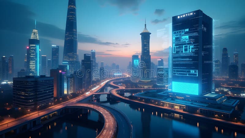 Futuristic Cityscape with Augmented Reality Elements Overlaying Real ...