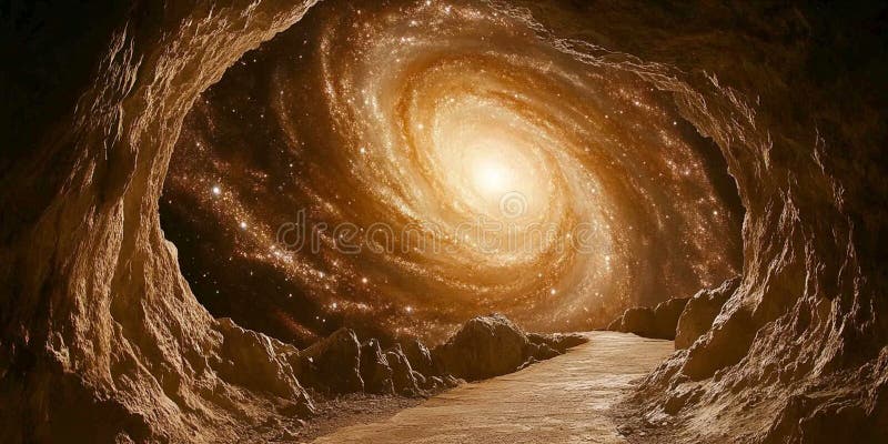 View of a Galaxy from Inside a Cave with a Rocky Path Leading Towards ...