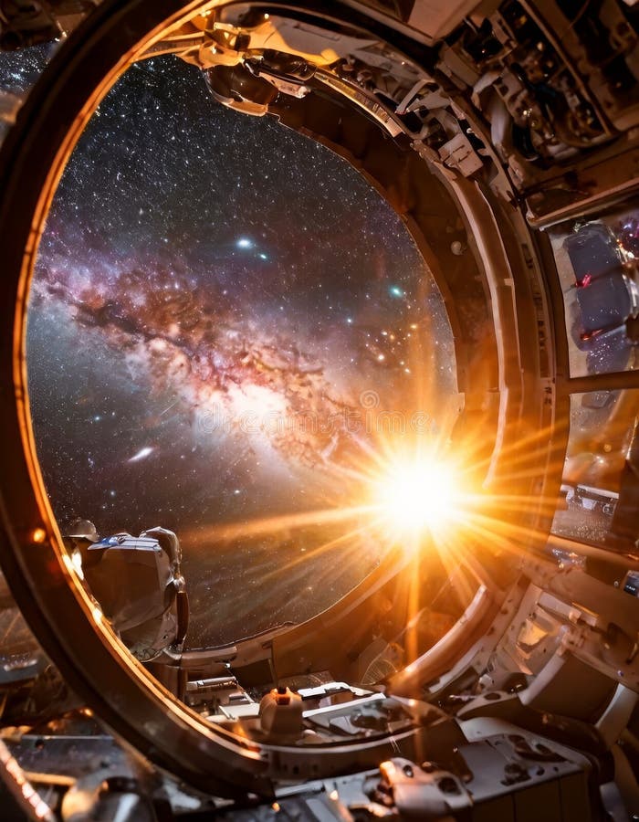 View of Galaxy through Spaceship Window with Bright Sunlight Stock ...