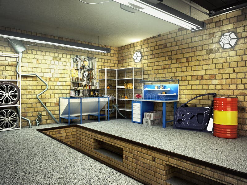 View of a Garage 3D Interior with Opened Roller Door 3D Rendering Stock ...