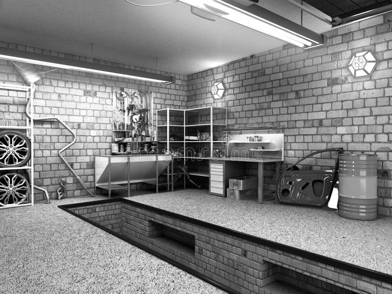 View of a Garage 3D Interior with Opened Roller Door 3D Rendering Stock ...