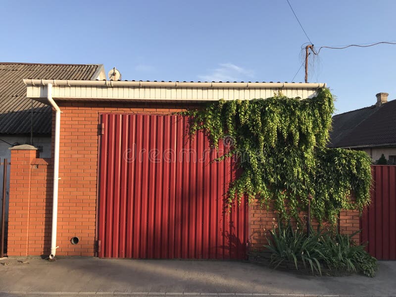 View of the Garage of the House of Red Brick Red with a Small Tree ...