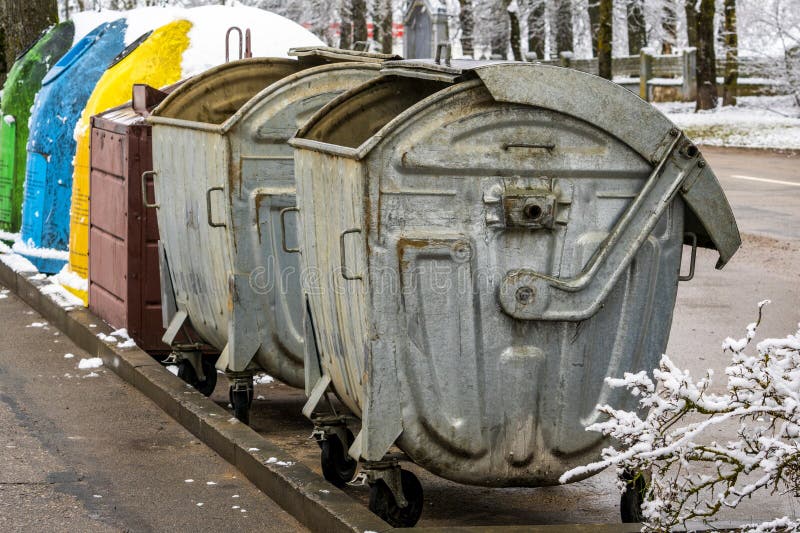 View of Garbage Containers in City on Winter Day Stock Image - Image of ...