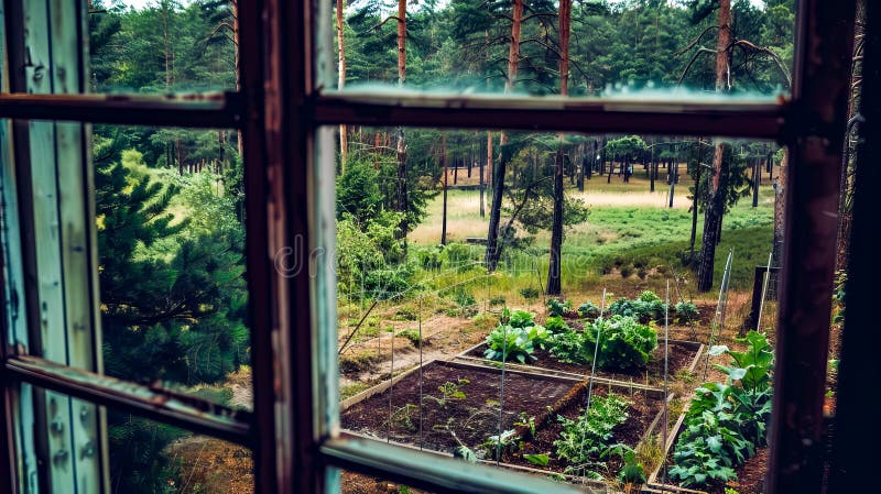 View of Garden through Window of House in the Woods. Stock Image ...