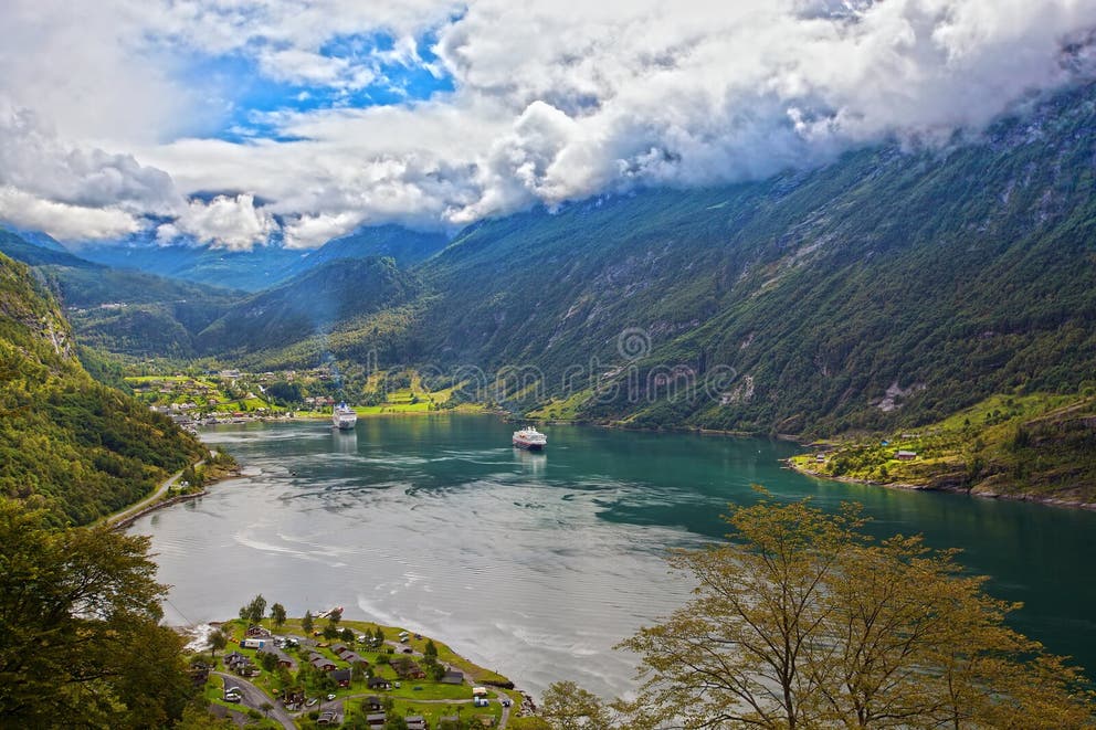 View of Geiranger stock image. Image of rock, flora, cliff - 20726525