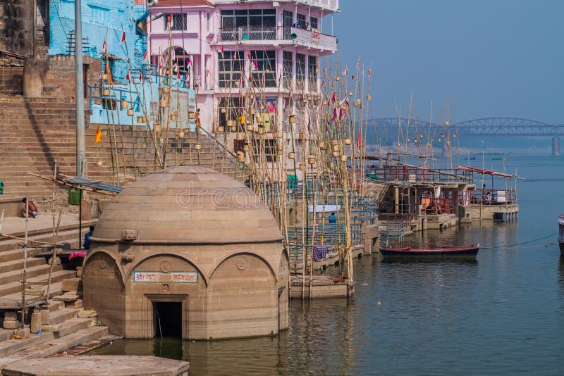 View of a Ghat Riverfront Steps of Sacred River Ganges in Varanasi, Ind ...