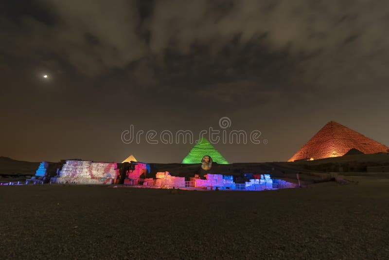 Giza Pyramids and Sphinx Light Up at Night Stock Photo - Image of ruins ...