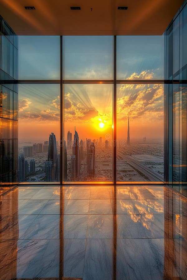 View through the Glass Wall of a Skyscraper at Sunset Over a Metropolis ...