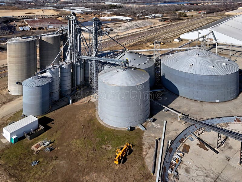 View of Grain Storage Bins from the Air Stock Image - Image of elevator ...
