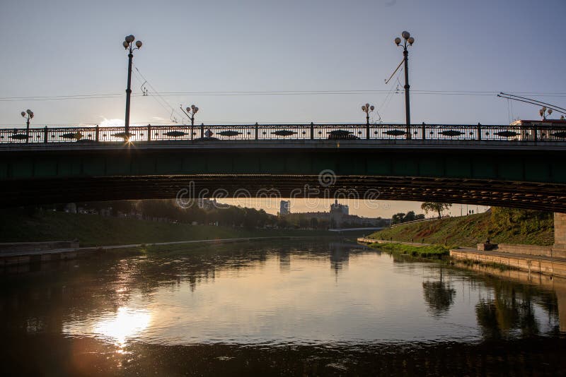 View of the Green Bridge and Neris River in the Sunset, Vilnius ...