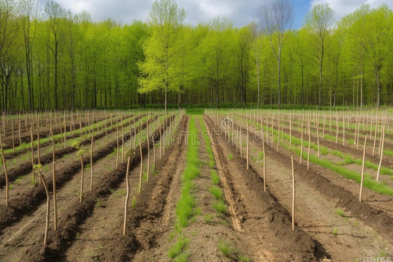 View of Green Forest with Rows of Newly Planted Trees Stock Image ...
