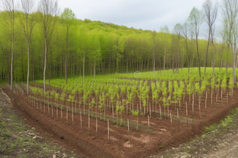 View of Green Forest with Rows of Newly Planted Trees Stock ...