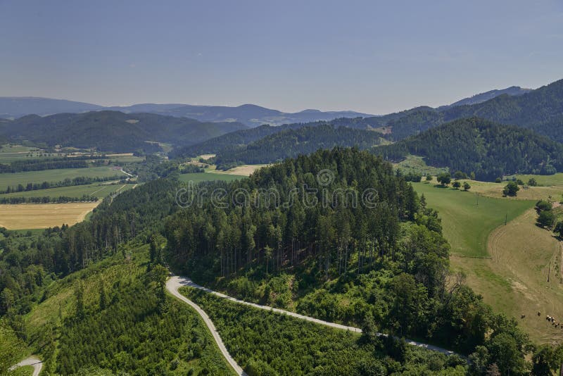 View Green Meadow and Farm Fields, Forest in the Mountains Stock Photo ...