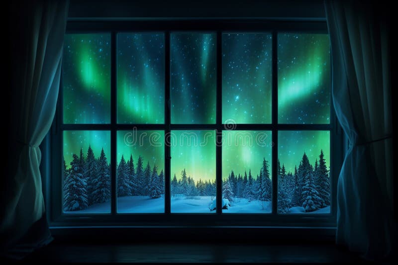 View of the Green Northern Lights in the Winter Forest from the Window ...